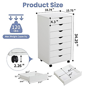 NEWBULIG Drawer Chest Storage Organizer, Mobile File Cabinet Wood Dresser Printer Stand for Home Office Study, 7-Layers, White