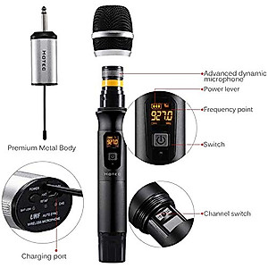 HOTEC 25 Channel UHF Handheld Wireless Microphone with Mini Portable Receiver 1/4" Output, for Church/Home Party/Karaoke/Business Meeting/Phone Recording (Black)