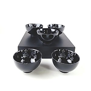 JapanBargain 4690, Japanese Porcelain Rice Bowls Gift Set,Cherry Blossom Sakura Pattern Miso Soup Bowls, Black and Silver Color, Set of 5, Made in Japan