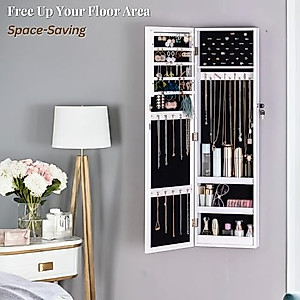 LUXFURNI Jewelry Cabinet, Wall-Mount/Door-Hanging Full Length Mirror With Storage, Lockable Armoire Organizer, Built-in Makeup Mirror, White