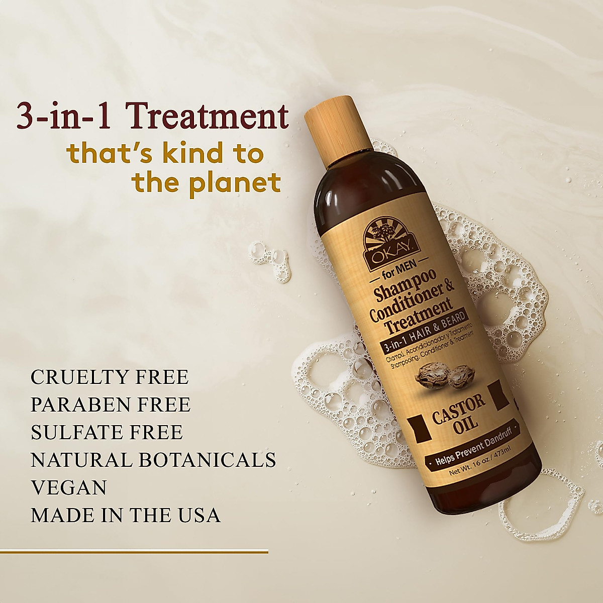 OKAY-MEN 3 in 1 Shampoo and Conditioner - Castor Oil Shampoo and Conditioner, Beard Wash, Clarifying Treatment for Dry Damaged Hair, Dandruff, Curly Hair - 16 Fl Oz (Pack of 1)