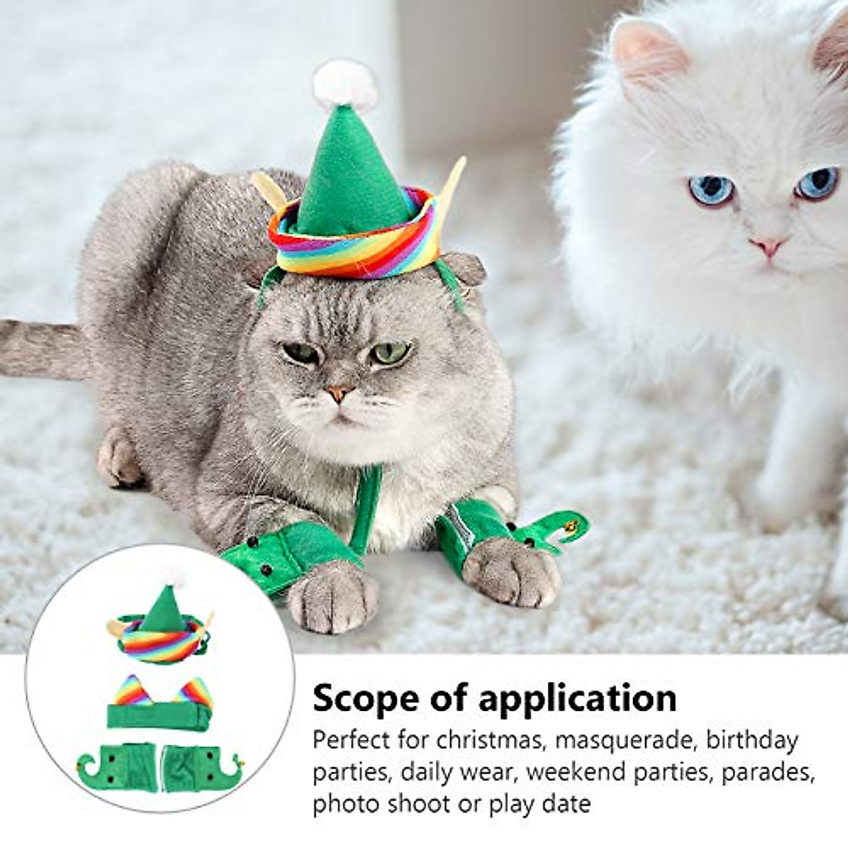 POPETPOP 4Pcs Cat Elf Costume - Cute Cat Christmas Costume Xmas Clothes Green Elf Outfit for Small Pets Cat Costume Accessories