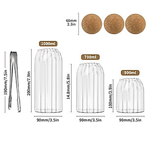 3Pcs Glass Storage Container with Round Ball Cork,Coffee Bean Jar Glass Cork Clear Stripe Glass Bottles with Cork Glass Canisters for Food, Coffee, Sugar, Spice, Tea,DIY (500ml / 700ml / 1000ml)
