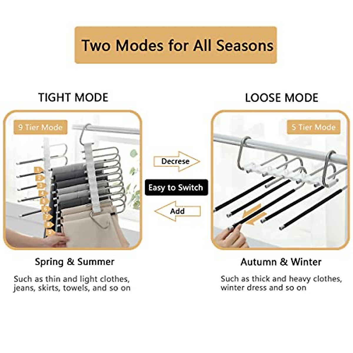 Hoibampu 2 Pcs Upgrade 9 Layers Pants Hangers Space Saving - Hangers for Clothes Hanger Organizer - Jean Hangers Pants Rack Scarf Hanger Closet Space Saving Scarf Organizer