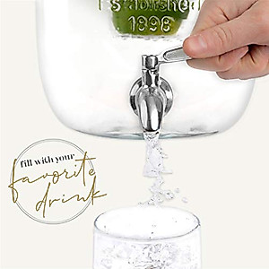 2 Gallon Glass Beverage Dispenser with Ice and Fruit Infusers, Stainless Steel Spigot, Chalkboard Label and Metal Lid, Wide Mouth Lemonade Drink Dispenser, Yorkshire Mason Jar, Kombucha Fermenting