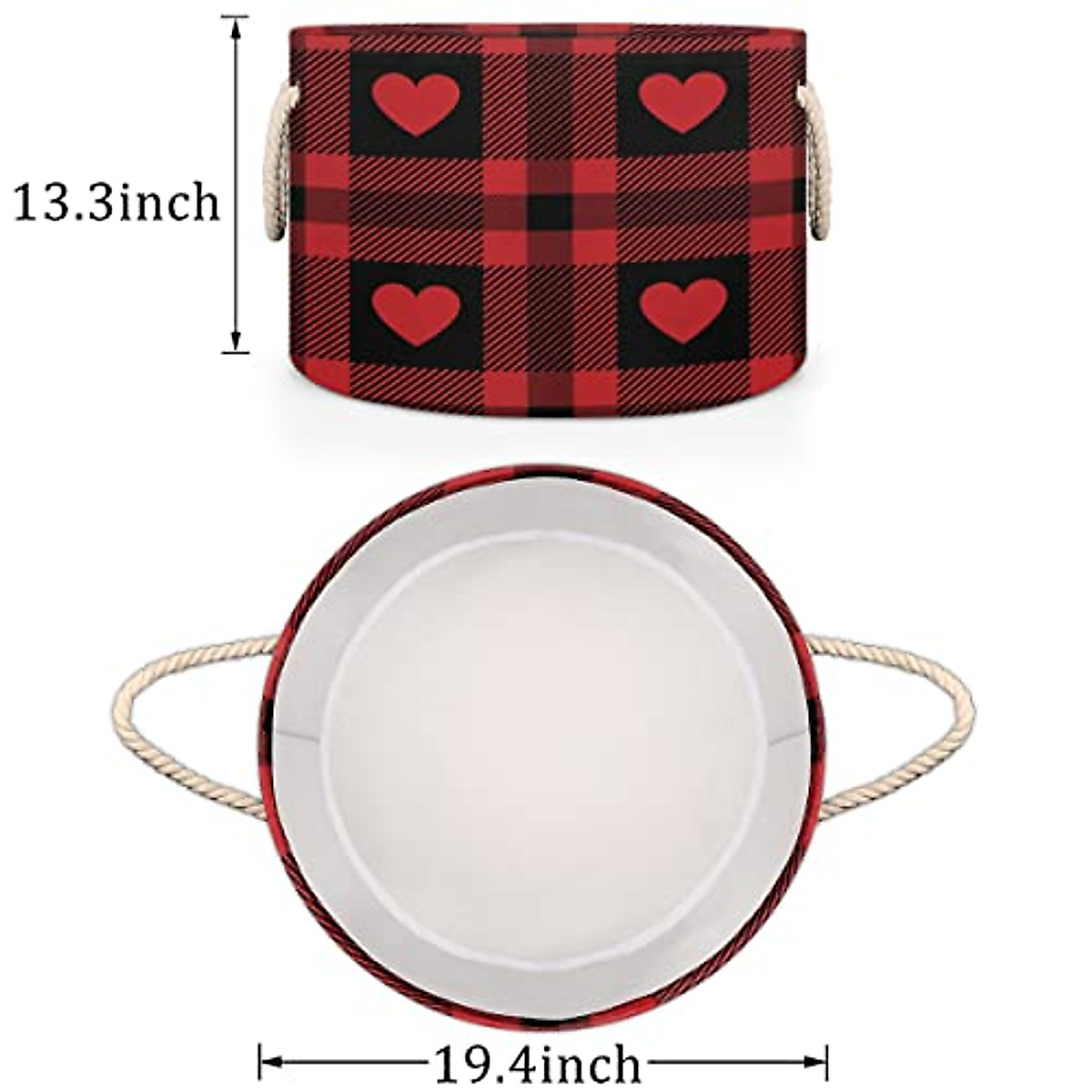 Red Check Plaid Valentine's Day Large Round Baskets for Storage Laundry Baskets with Handles Blanket Storage Basket for Bathroom Shelves Bins for Organizing Nursery Hamper Girl Boy