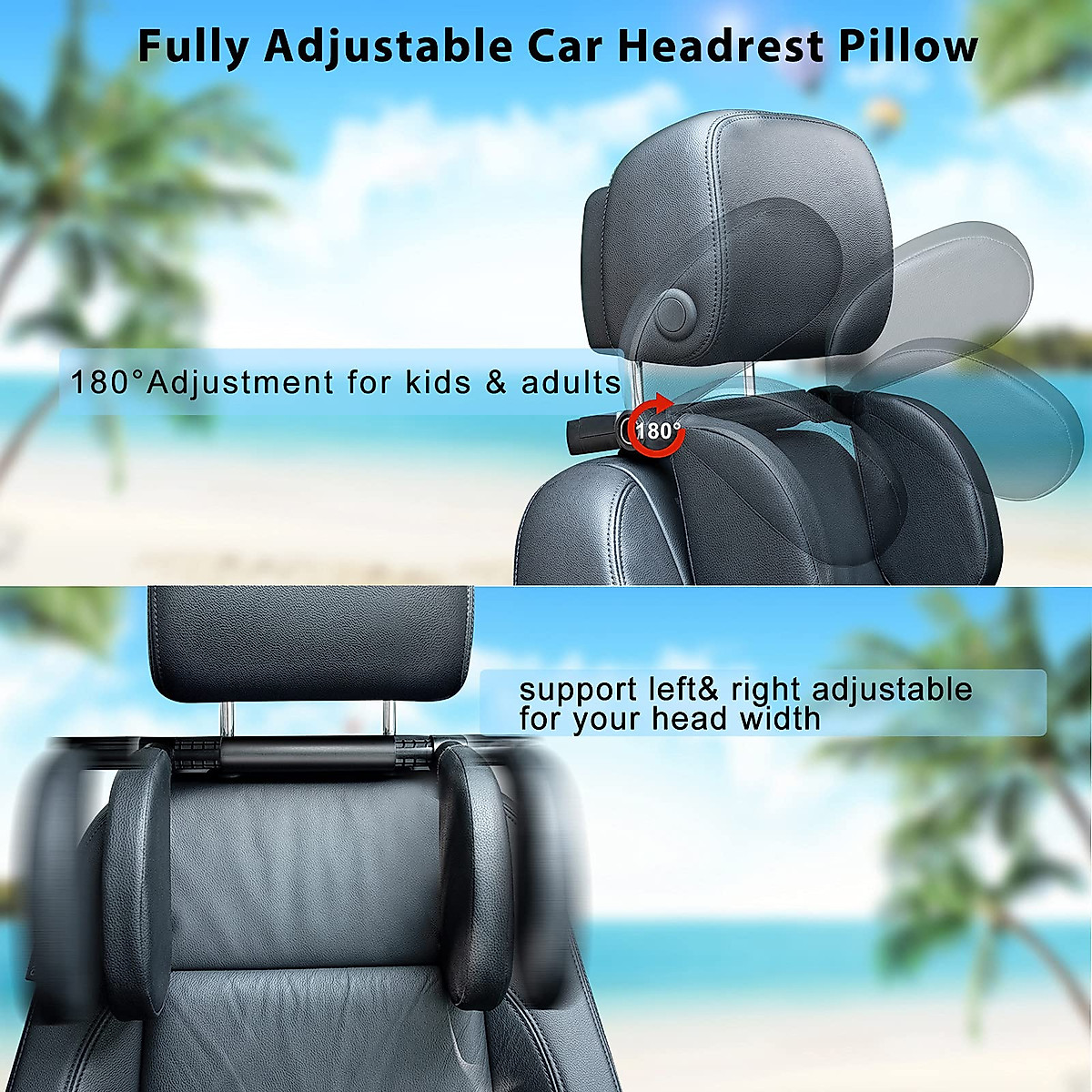 TICARVE Car Headrest Pillow, Car Seat Head Neck Supports, Car Seat Back Hanger Hook, Adjustable Both Side Travel Car Sleeping Pillow for Kids Adult (Black)