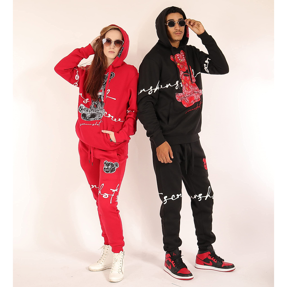 SCREENSHOT-F1122 Mens Urban Hip Hop Premium Fleece - Head Lifting Paisley Cartoon Teddy Bear Crew Neck Streetwear Sweatshirt-Black/Red-Large