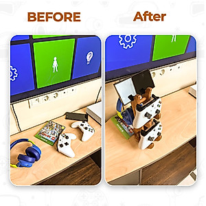 ROSTMARYGIFT Wooden Controller Stand - Dual Game Controller Holder, Headphone Hanger and Phone Stand - Universal Gaming Acessories and Gamer Gift - Portable Headset Storage Organizer