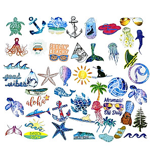 Beach Stickers 50pcs, Blue Surfing Waves Fresh Lively Turtle Laptop Water Bottle Decals Cartoon Vitality Aesthetic Sticker Pack for Teen Girl (Beach Surfing)