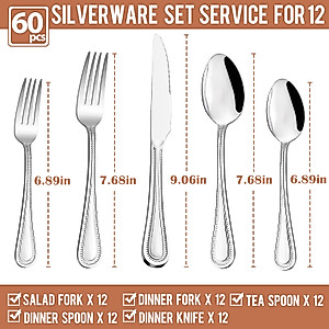 Paincco 60-Piece Silverware Set Service for 12, Stainless Steel Flatware set, Pearled Edge Cutlery Set Includes Knife Fork Spoon, Beading Eating Utensil for Home Kitchen Restaurant, Dishwasher Safe