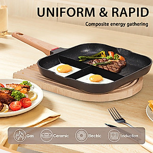 JUSTUP Nonstick Frying Pan,3-in-1 Egg Pan Versatile Divided Grill Pan with Pour Spouts,3 Section Breakfast Skillet Omelette Pan for Stove Tops, PFOA Free (Black), 11 Inch