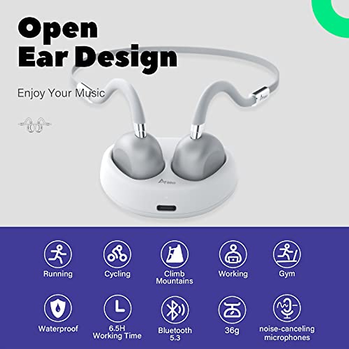 Ikko Breezy ITG01 Wireless Bone Conduction Headphones, Open Ear Sports Bluetooth 5.3 Earphones Built-in Mic,IPX6 Waterproof Headset for Workouts,Cycling,Running, Walking,White