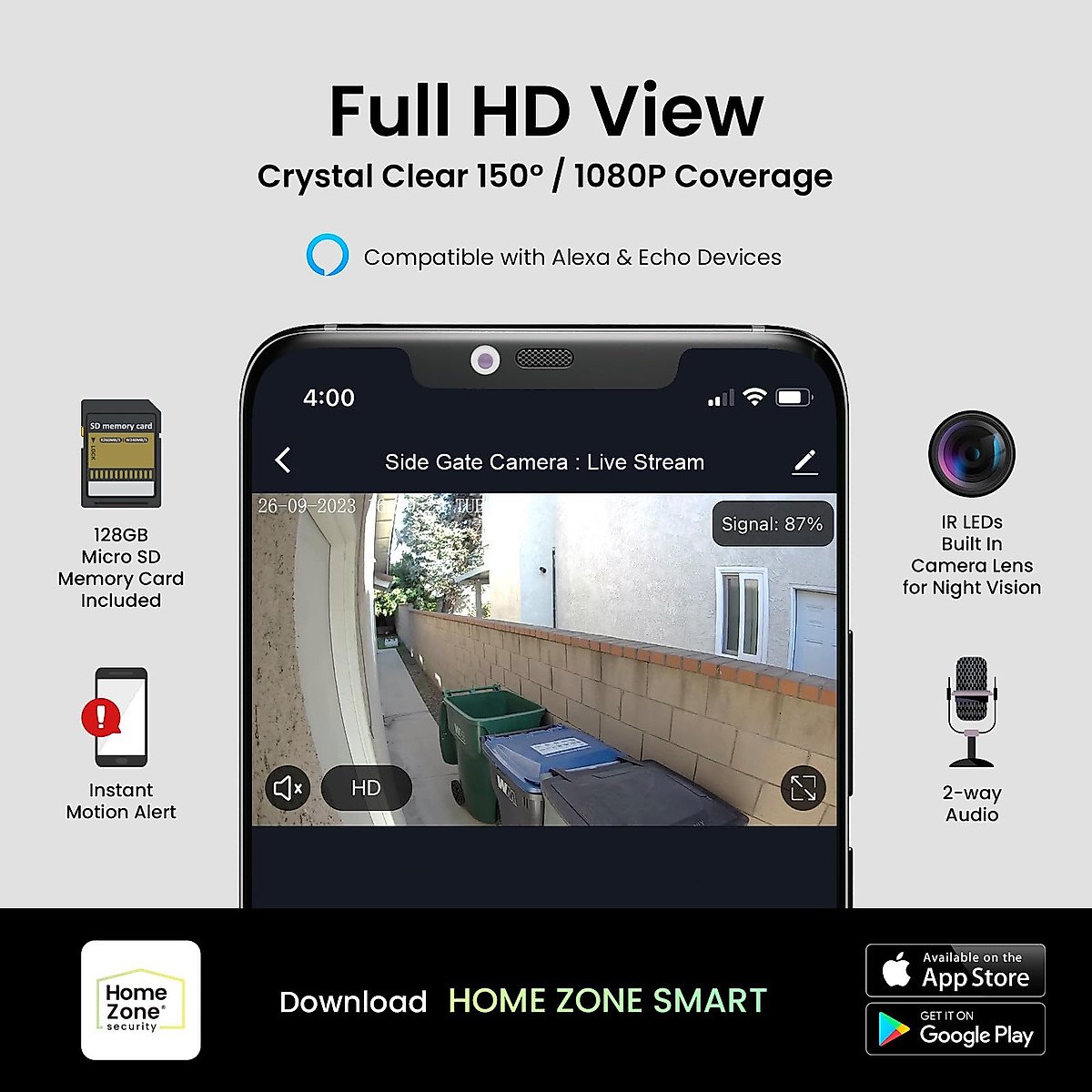 Home Zone Security Floodlight Camera – Smart 2.4 GHz 1080P Triple Head Outdoor Security Hardwired Flood Light Camera, No Subscription Required, Black