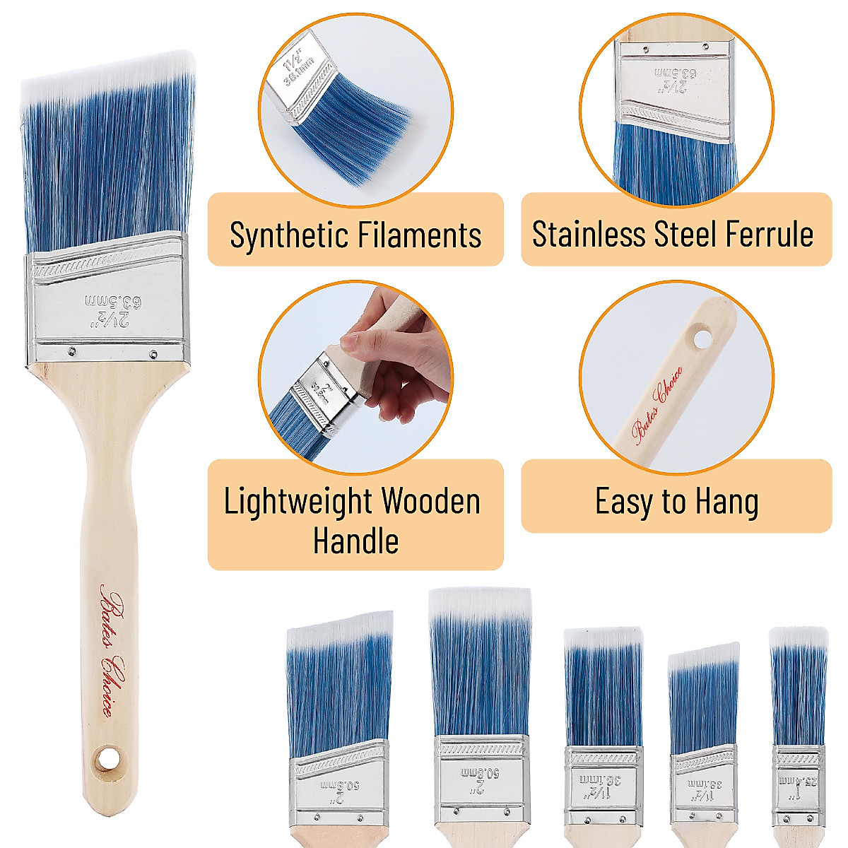 Bates- Paint Brushes, 6 Pack, 1", 1.5", 2", Angle Brushes, Treated Wood Handle, Paint Brushes for Walls, Stain Brush, Wall Paint Brushes, Furniture Paint Brushes for Painting Walls, Painting Brush