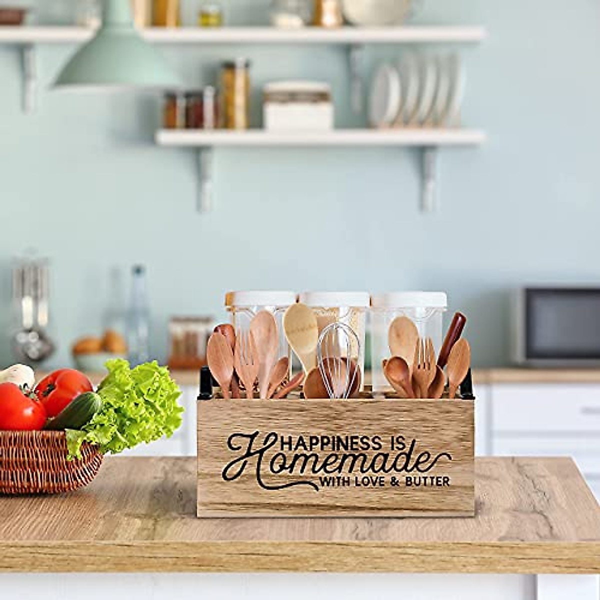 Kitchen Countertop Utensil Holder, Rustic Kitchen Utensil Caddy, Flatware Caddy and Silverware Organizer, Wood Utensil Caddy for Kitchen Countertop Organizer