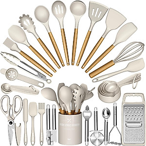 Umite Chef Silicone Kitchen Utensil Set, 34PCS Heat Resistant Kitchen Gadgets and Tools With Grater, Wood Handles for Nonstick Cookware