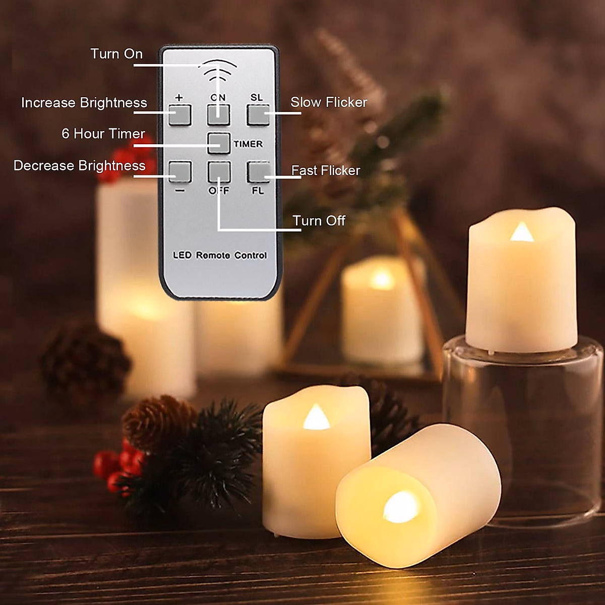 Homemory Rechargeable Flameless Votive Candles with Remote, Battery Operated Tea Lights with Timer, 6 PCS Electric Fake Candle in Warm White (USB Charging Cable Included)