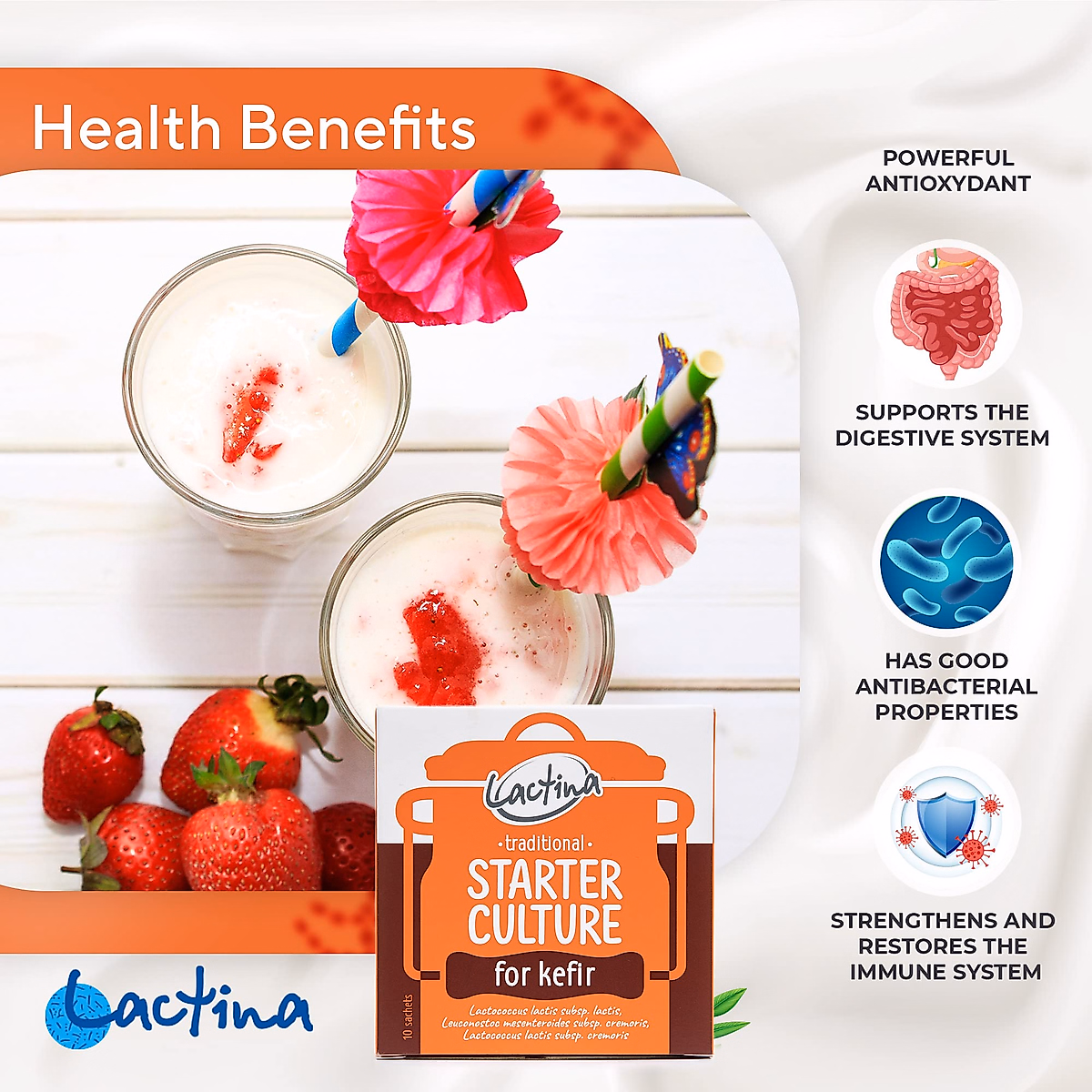 Lactina Kefir Starter Culture Probiotic May Boosts Gut Health and Digestive Wellness Naturally 10 Sachets for 10 Liters