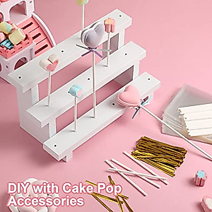 2 Pack Wood Cake Pop Stands Sucker Display 3 Tier Lollipop Holders with 100 Treats Bags 100 Lollipop Sticks 100 Gold Twist Ties for Dessert Table of Wedding Baby Shower Birthday Party (Wood)