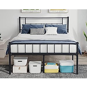 12 Inch Platform Queen Bed Frame with Headboard, Heavy Duty Bed Frame Queen Size Metal Bed Frame with Storage, Mattress Foundation Bed Frames No Box Spring Needed, Under Bed Storage, Noise-Free, Black