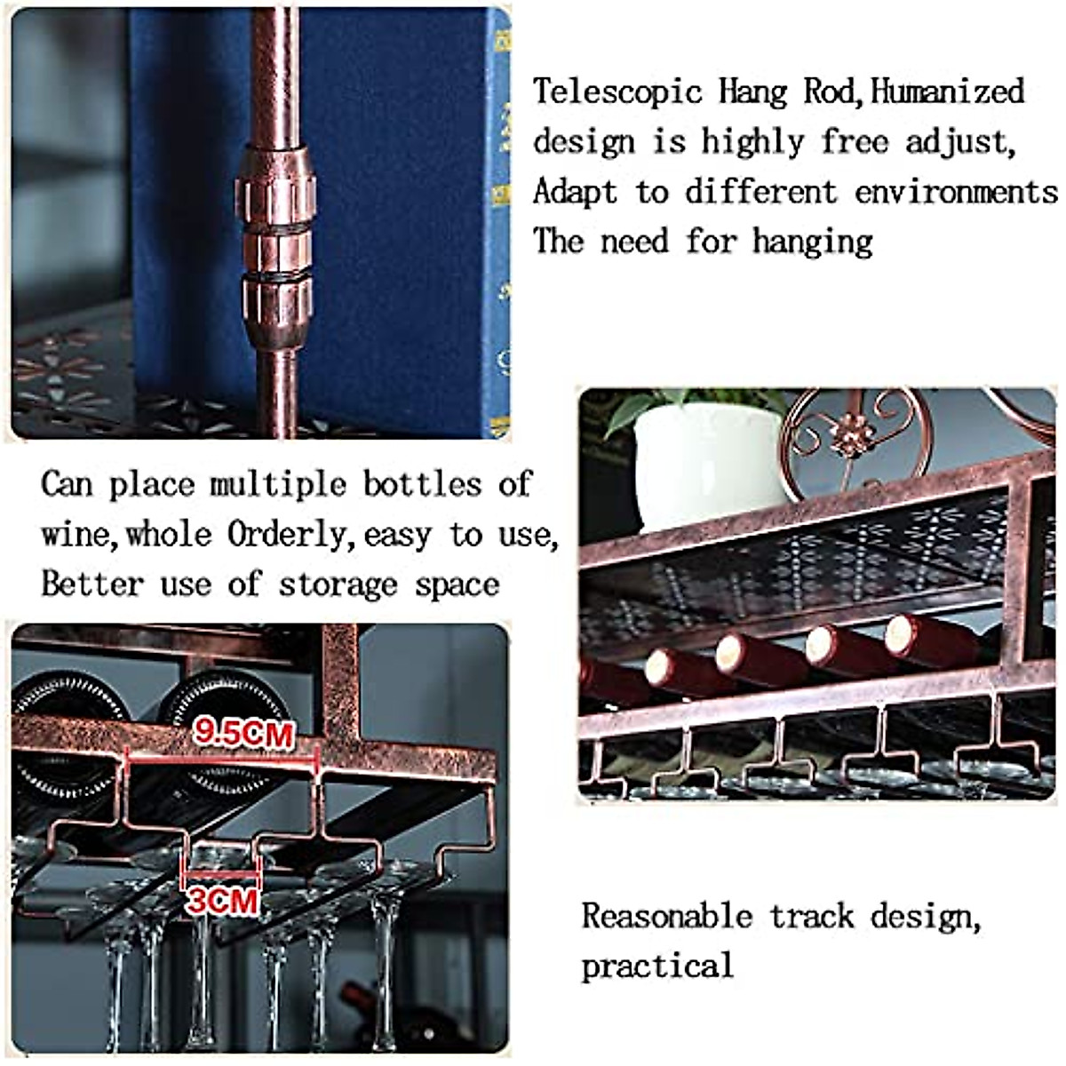 LAJUU Wine Racks,2 Tier,Wine Glass Rack Stemware Holder Wrought Iron,Wine Bottle Holder for Living Room,Cafes,Restaurants,Bars/Brown/60 * 30Cm