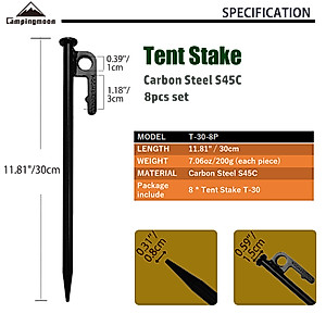 CAMPINGMOON 8pcs Carbon Steel S45C Black Coating Tent Stake for Hard Ground (【11.81-inch 8pcs set】)