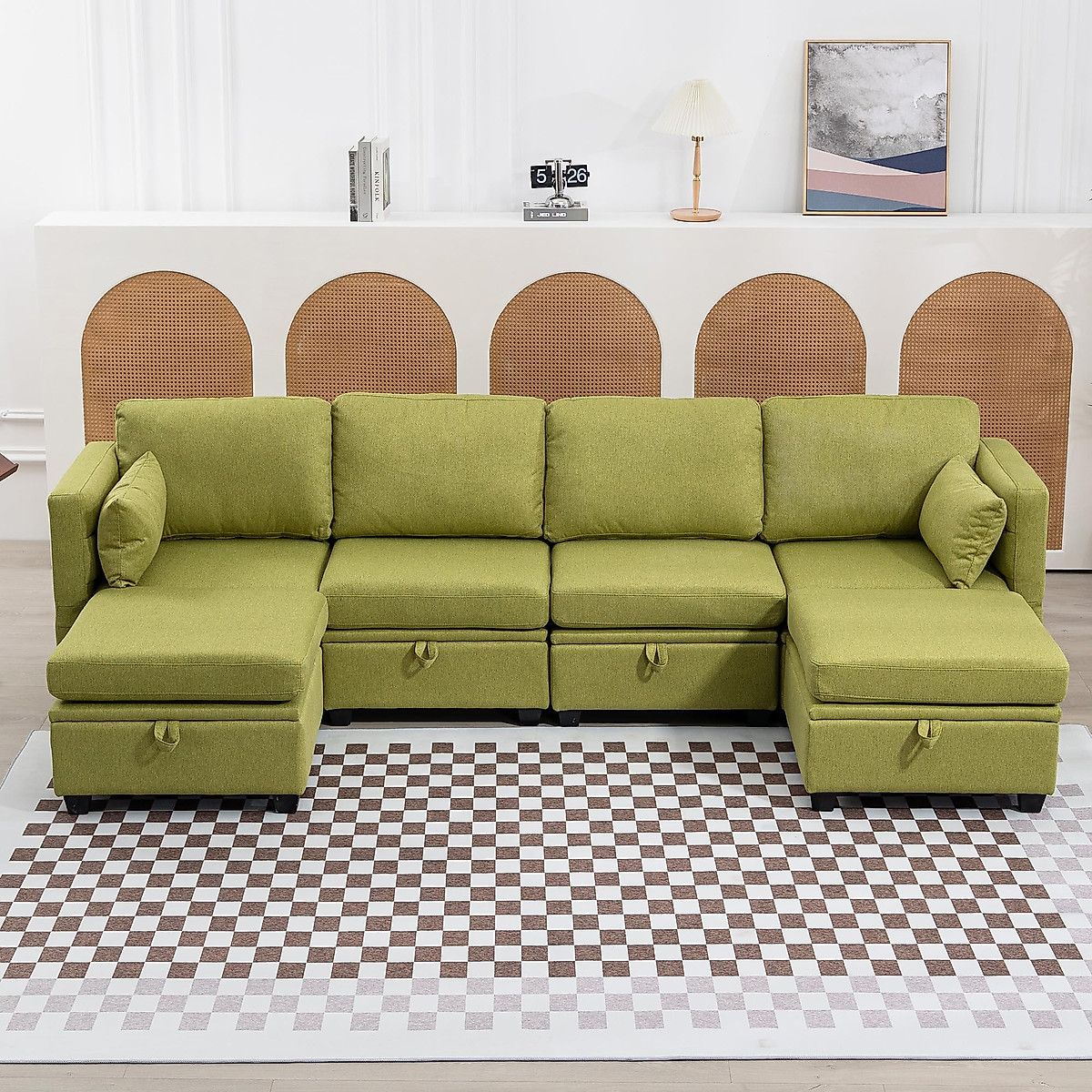 LIFEISLE Modern 110 Inch Convertible Modular Sofa, 6 Seater Oversized Sectional Sofa with Reversible Chaise Lounge with Cushions, with Storage Seat for Living Room, Reception Room,Olive