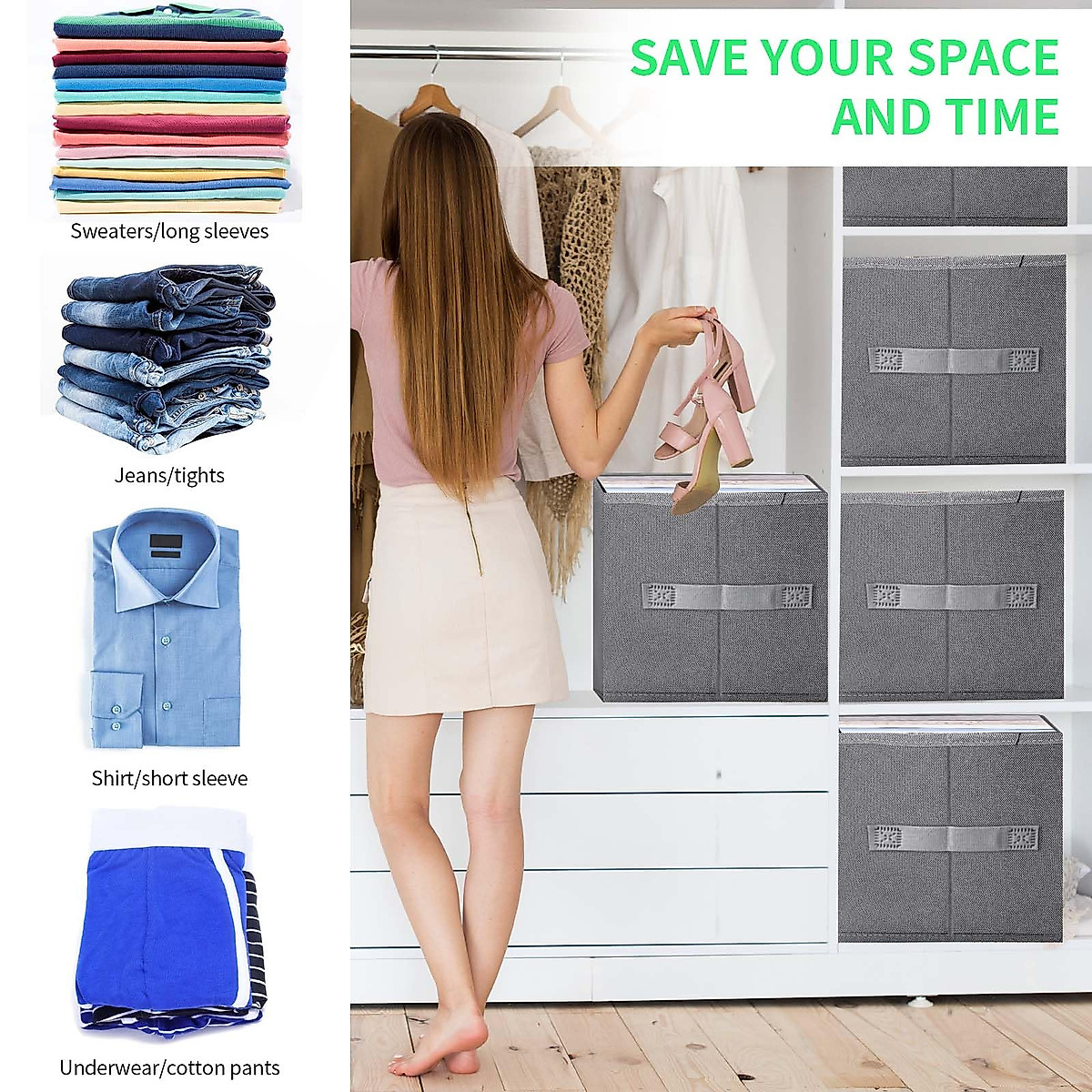 Suzurana 6 Pack Jeans Organizer for Closet, Foldable Wardrobe Clothes Organizer with Handle, Stackable Closet Clothes Drawer Organizer Tshirts with 7 Grids for Leggings, Sweater, Jean, Pants, Grey