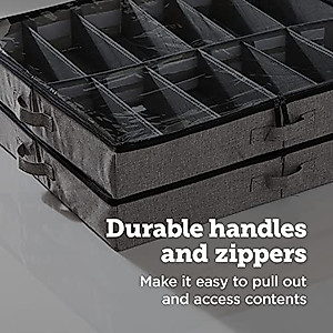 Low Profile Under Bed Shoe Storage Organizer, 4.5'' Tall and Fits Beds 5'' Off the Floor, Adjustable Dividers, Underbed Shoe Storage Solution - Set of 2 (Dark Grey)