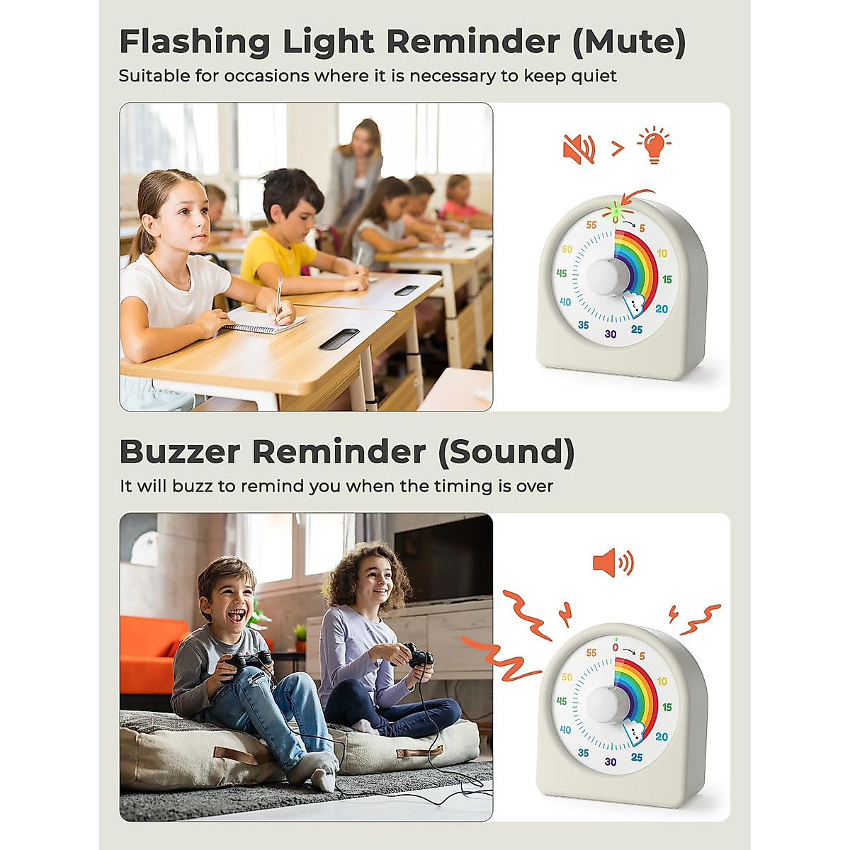 LIORQUE 60 Minute Visual Timer for Kids, Rechargeable Visual Countdown Timer Clock Kids Timer for Classroom, Desk Pomodoro Timer with 'Rainbow' Pattern Design and Magnetic Back