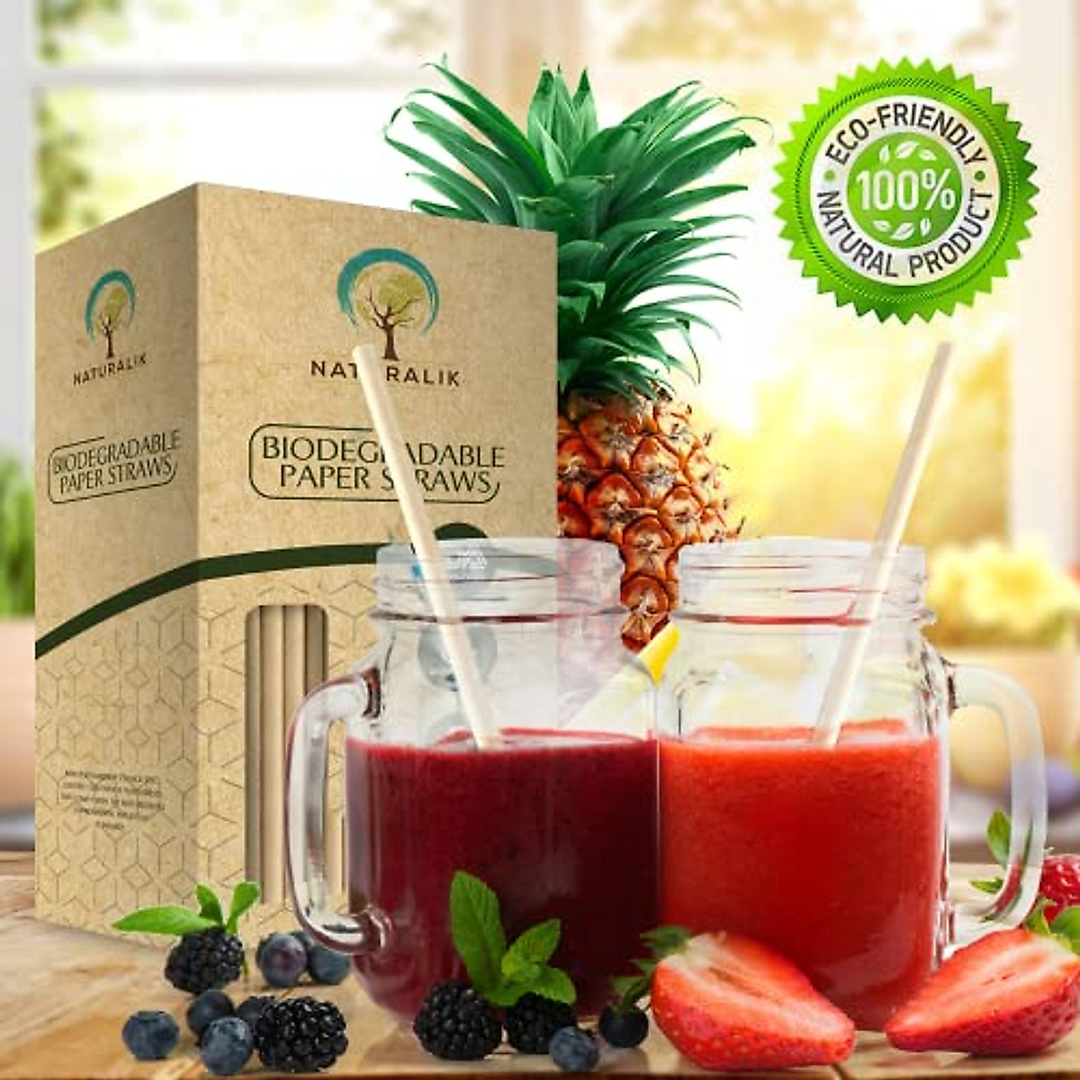 Naturalik 300/1000-Pack Extra Durable Brown Paper Straws Biodegradable- Premium Eco-Friendly Paper Straws Bulk- Drinking Straws for Juices, Restaurants and Party Supplies, 7.7" (Brown, 300ct)