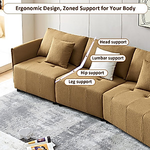 kevinplus 120'' Sectional Sofa Couch for Living Room, Modern Contemporary Sofa Couch with Curved Tufted Seat, Sofa Couch with Throw Pillow for Apartment, Teddy Fabric, Dark Yellow