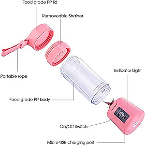 Tianmingwei Portable Blender USB Personal Juicer Cup 6 Blades Rechargeable Fruit Mixing Machine For Baby Travel 380ml[New Version] (Pink)
