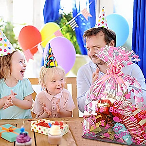 12 Pcs Extra Large Baby Shower Basket Bags with 10 Bows Ribbon 28 x 40 Inch Large Cellophane Bags Baskets Empty Bags Jumbo Cellophane Wrap for Gift, Presents, Baby Shower (Pink Elephant Patterns)