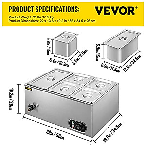 VEVOR Commercial Food Warmer, 1x1/3GN and 4x1/6GN, 5-Pan, 13.7 Qt, Silver