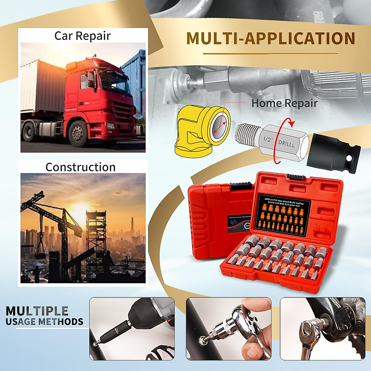 AKM 25Pcs Screw Extractor Set, Hex Head Multi-Spline Easy Out Bolt Extractor Set, Chrome Molybdenum Alloy Steel Rounded Bolt Remover