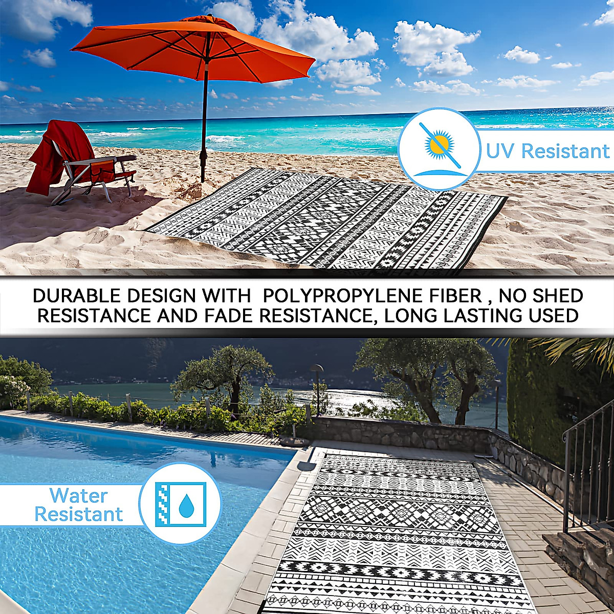 Loninak Outdoor Rug Carpet, Plastic Straw Rug, Waterproof Outdoor Rugs, Patio Rug for RV, Trailer, Beach Camping, Backyard, Deck, 4 Stakes and Carry Bag Included, 5' x 8'