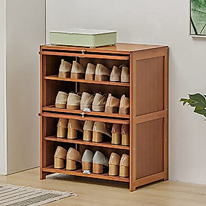 MoNiBloom 4 Tier Shoe Cabinet, Bamboo Free Standing Shoe Shelf Storage Rack with Flip Doors for 9-12 Pairs Home Entryway Hallway Office Bedroom, Brown