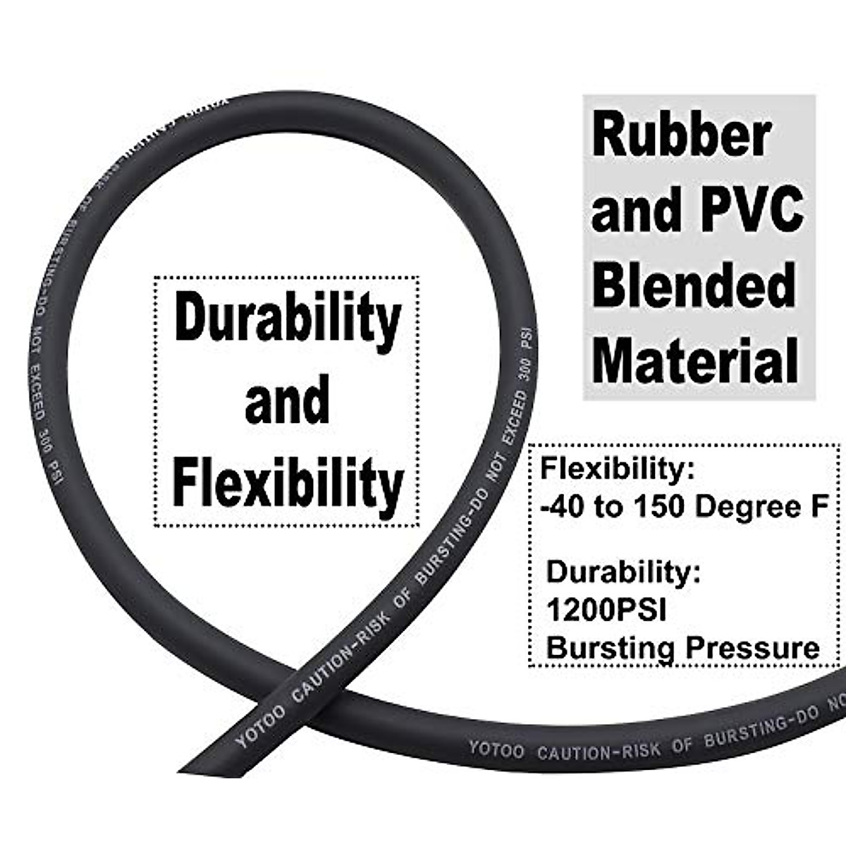 YOTOO Hybrid Air Hose 1/4-Inch by 50-Feet 300 PSI Heavy Duty, Lightweight, Kink Resistant, All-Weather Flexibility with 1/4-Inch Industrial Air Fittings and Bend Restrictors, Gray
