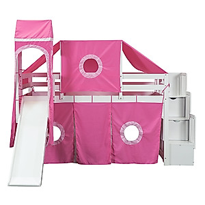 Harper & Bright Designs House Twin Loft Bed with Slide,Storage Stairs and Tent, Wood Kids Loft Bunk Bed with Tower and Ladders, Playhouse Twin Bed Frame for Kids, Teens, Boys & Girls (Twin, Pink)