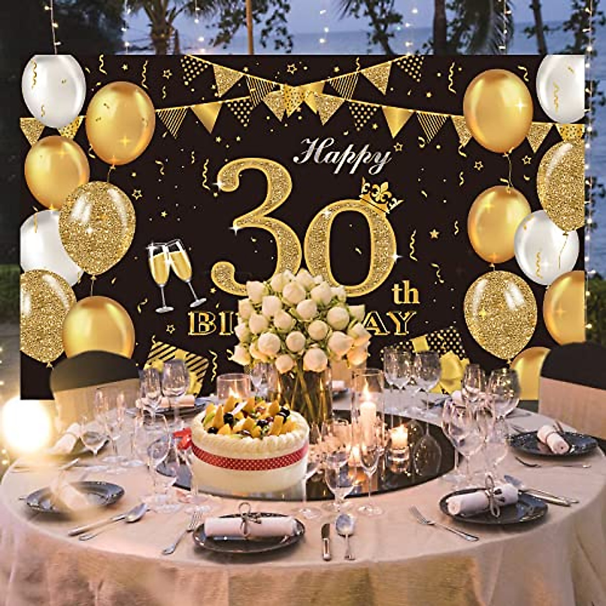 30th Birthday Party Decoration, Extra Large Black and Gold Sign Poster 30th Birthday Party Supplies, 30th Anniversary Backdrop Banner Photo Booth Backdrop Background Banner