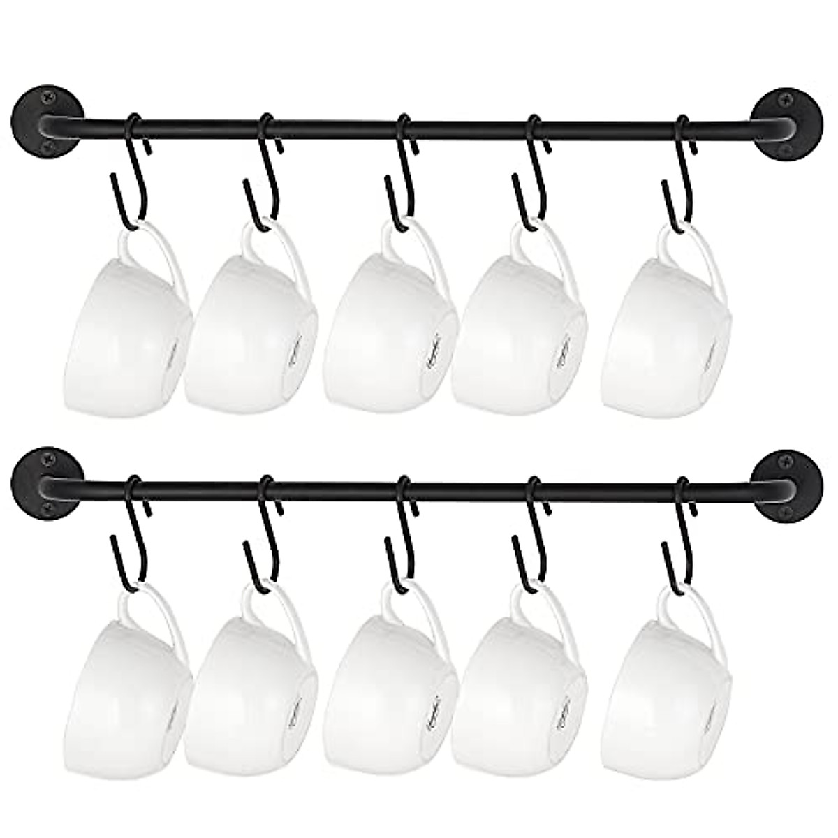Mkono Mug Holder Wall Mounted Coffee Cup Rack Hanger Modern Metal Wall Rack with 10 Mug Hooks Rustic Utensil Tea Cups Storage Organizer for Kitchen Dining Room Coffee Bar, Set of 2, Black
