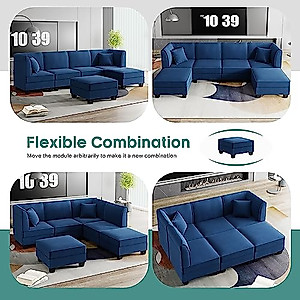 Shintenchi Reversible Modular Sectional Sofa Set, Convertible Oversized U Shaped Sofa Couch with Ottomans, Velvet Sleeper Couch with Chaise L Shaped Couches for Living Room Navy Blue