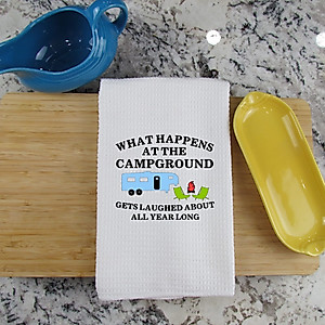 Tea Towel, Funny Dish Towel, Funny Kitchen Towel, Camping Towel, Outdoor Humor, Gift for Mom, Hand Towel, Camper Decor, Waffle Towel, What Happens At The Campground Gets Laughed At All Year Long