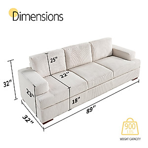 VanAcc 89in Sofa Couch, Corduroy Sofa-Comfy Couch with Wood Legs, 3 Seater Sofa- Deep Seat Couches for Living Room, White