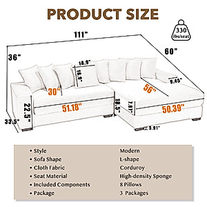 UPYOOE 111'' Modern Sectional Sofa, L-Shaped Corduroy Couch with Right Chaise Daybed, Extra-Wide Oversized Lounge, 8 Pillows, Corner Sofa Set for Living Room, Apartment, Office, Hotel, Bedroom, Black