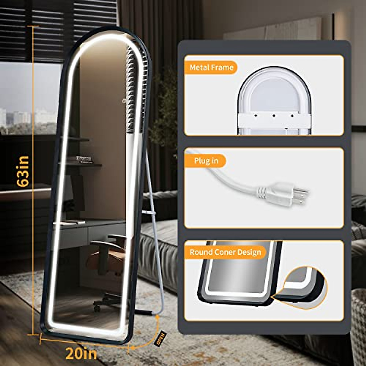 S'bagno 63"x20" Arched-Full-Length-Mirror-with-Lights, Bedroom Full-Body-Floor-Mirror Aluminum Black Frame, Wall-Mounted Hanging Dressing-Mirror with Touch Dimming& 3000K 4000K 6500K