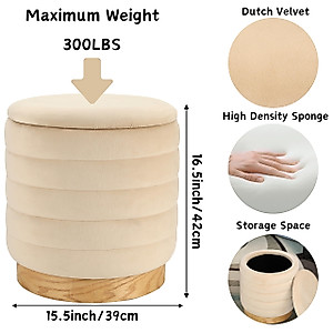 NEWIMAGE Round Ottoman Storage Box Dutch Velvet Pouffe Footstool 15.5'' Padded Stool Seat with Wooden Base, Footrest Vanity Stool with Lids for Bedroom Living Room Balcony Snack(Cream Horizontal Line)
