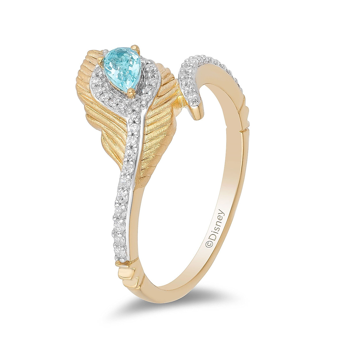 Jewelili Enchanted Disney Fine Jewelry 10K Yellow Gold 1/6 Cttw Diamond and Swiss Blue Topaz Jasmine Peacock Feather Ring Size 8